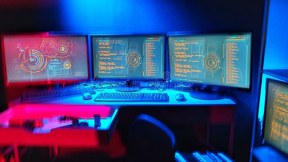 A Room Features a Cyber Security Setup with Three Monitors Displaying Complex Digital Interfaces ...