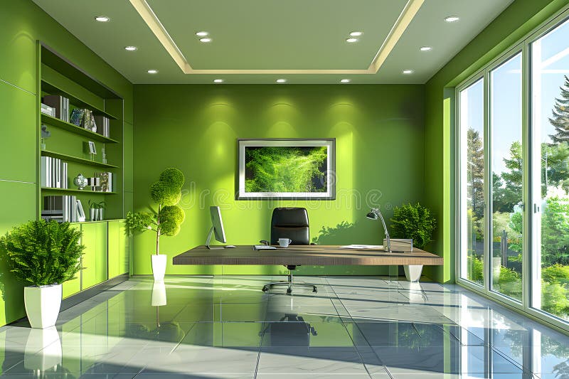 Green Walls in Room with Computer Desk, Part of Interior Design Stock ...
