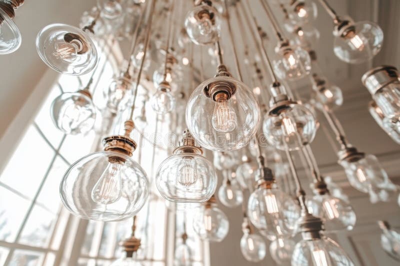 A Room Features Multiple Light Bulbs Suspended from the Ceiling. Stock ...