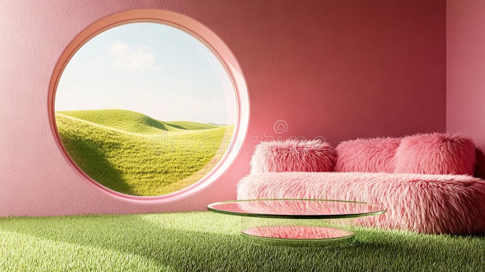 The Room Features a Pink Fluffy Sofa, a Scenic View, and Modern ...