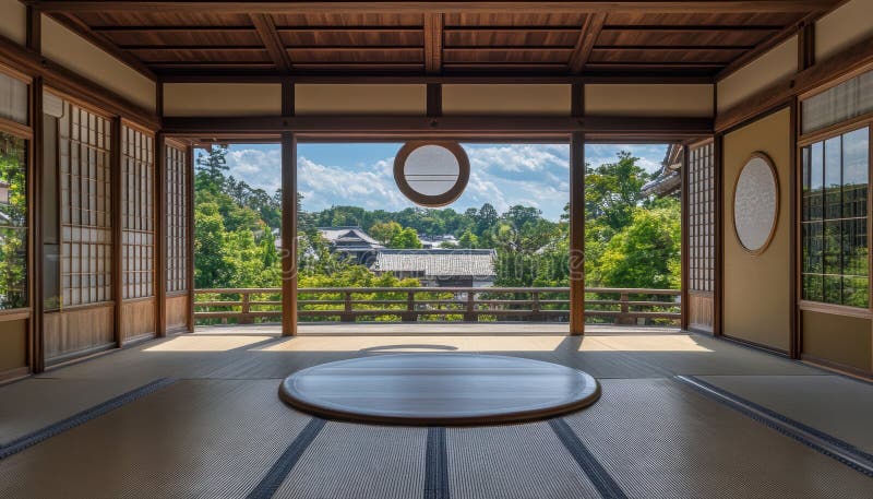 A Room Features a Table and a Circular Window for Natural Light and ...