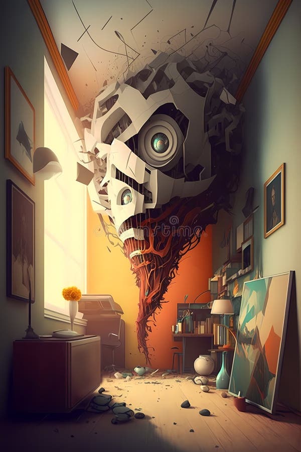 A Room Featuring a Large Object Emerging from the Ceiling. Stock Photo ...