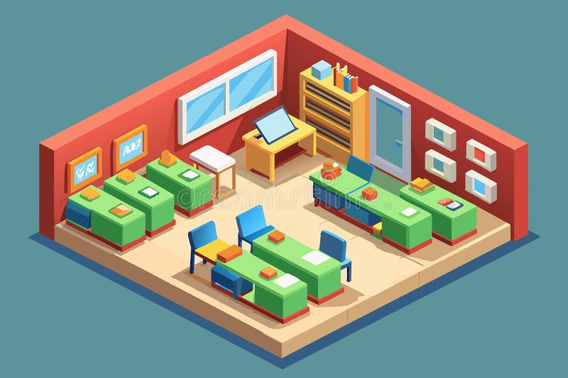 A Room Featuring Two Beds And A Desk Classroom Customizable Isometric Illustration Stock Vector
