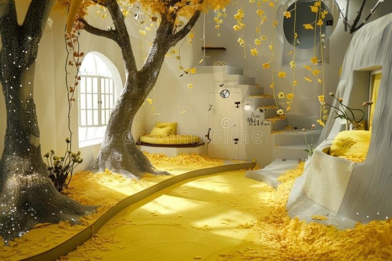 A Room Featuring a Yellow Carpet and a Tree in a Whimsical Setting, a ...