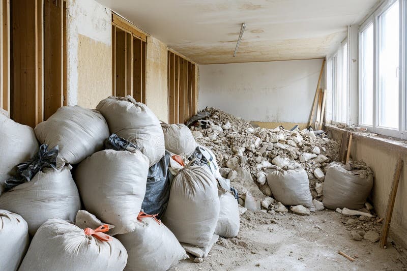 Room Filled with Construction Debris Bags and Rubble during Renovation ...
