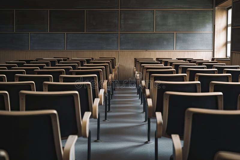 Room Filled with Empty Wooden Row Lecture Chairs and Chalkboard for ...