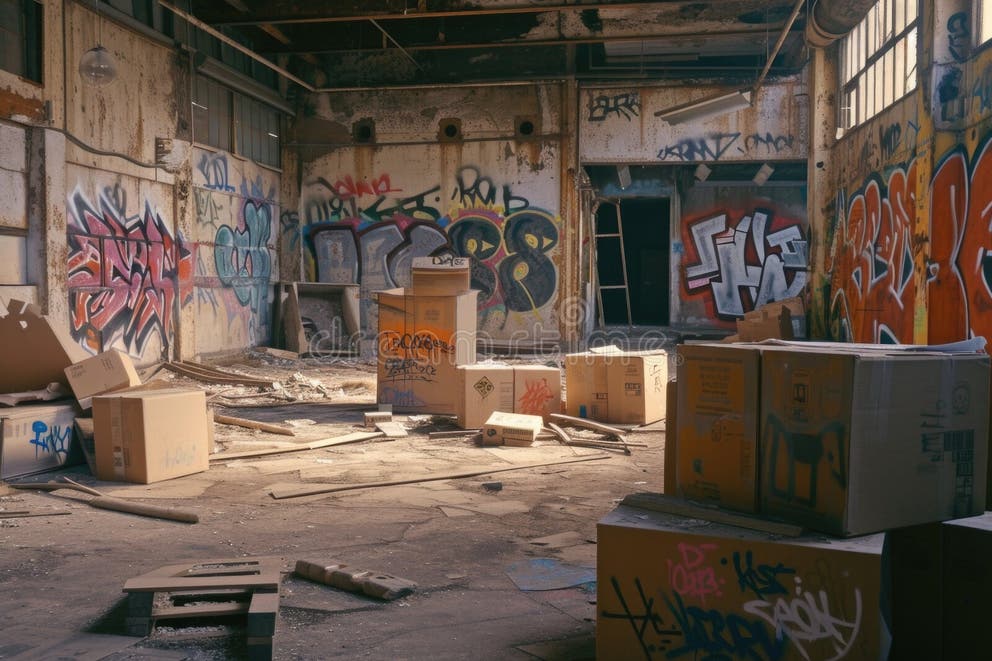 A Room Filled with Lots of Boxes and Graffiti. Ideal for Urban-themed ...
