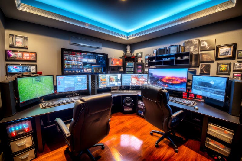 Room Filled with Lots of Computer Monitors and Desk with Two Chairs ...