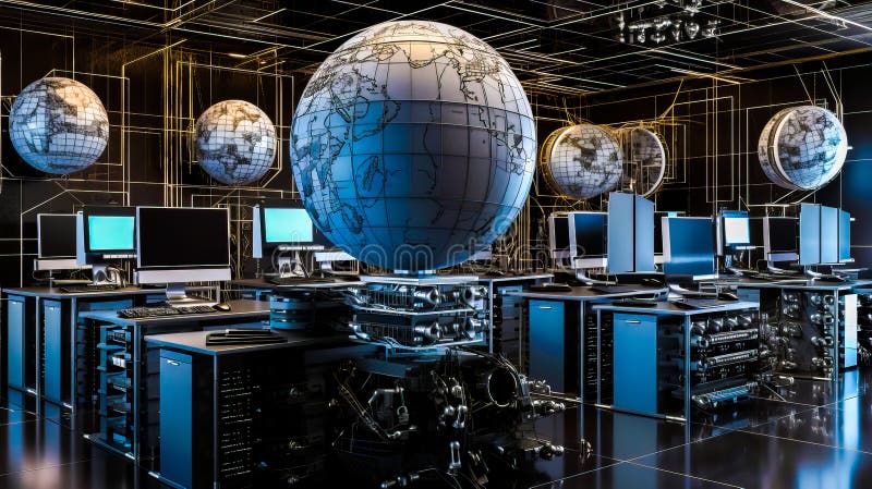 Room Filled with Lots of Computers and Globes. Generative AI Stock ...
