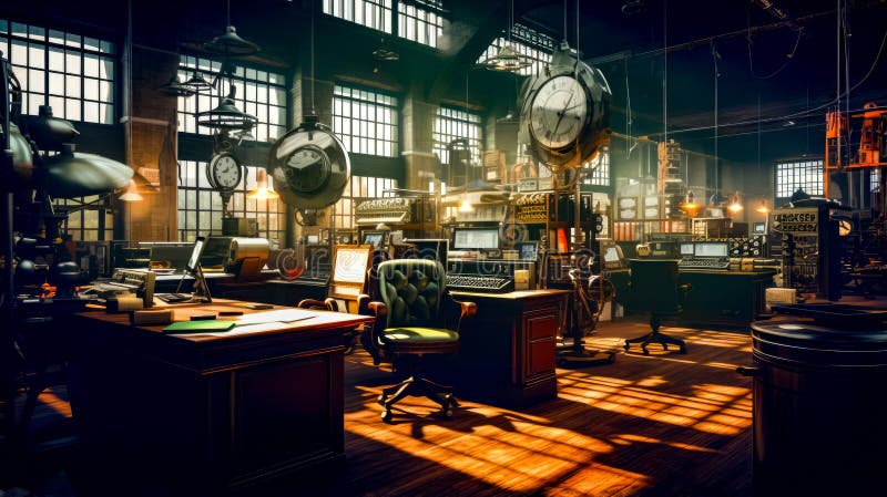 Room Filled with Lots of Desks and Clocks Hanging from the Ceiling ...