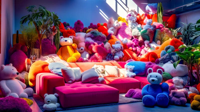 Room Filled with Lots of Stuffed Animals on Top of Pink Couch ...