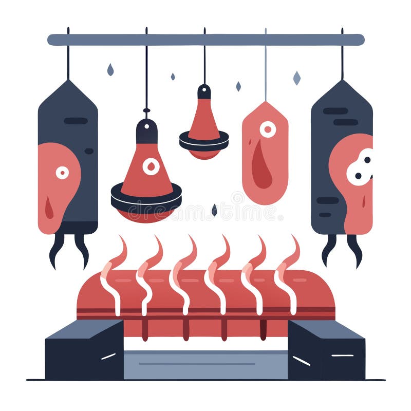A Room Filled with Meat Hanging from Hooks and Smoke Stock Vector ...
