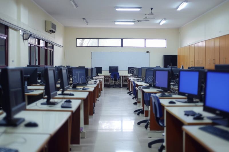 A Room Filled with Multiple Computer Monitors, an Empty Classroom with Rows of Computers ...