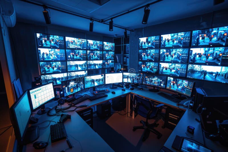 A Room Filled with Multiple Monitors and Desks, Suitable for Office or ...