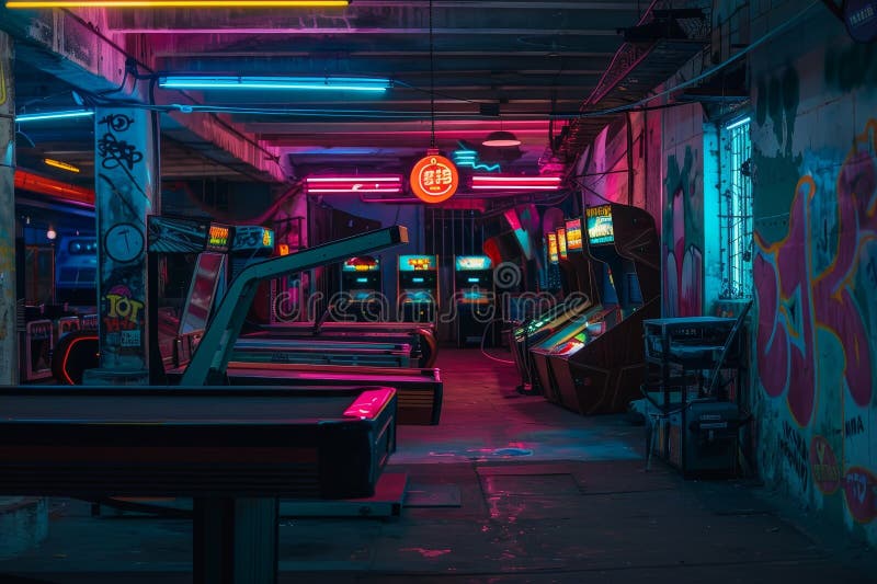 A Room Filled with Neon Lights and Various Arcade Machines Glowing at ...