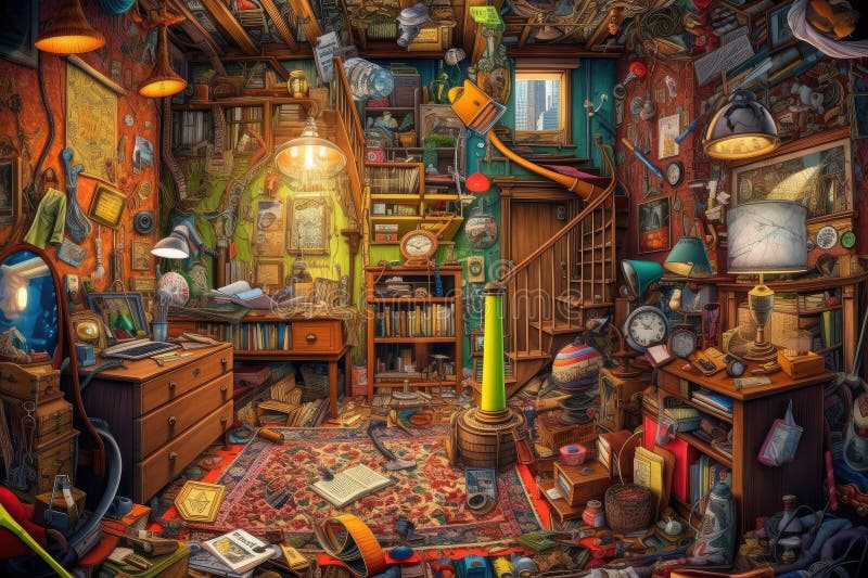 A Room, Filled with Optical Illusions and Hidden Objects Stock ...