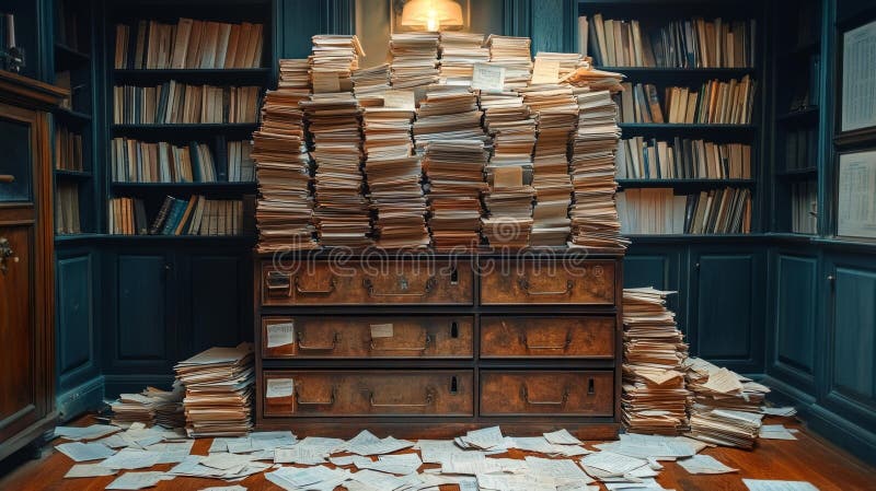 Overfilled Filing Cabinets in a Room with Scattered Papers and Towering ...