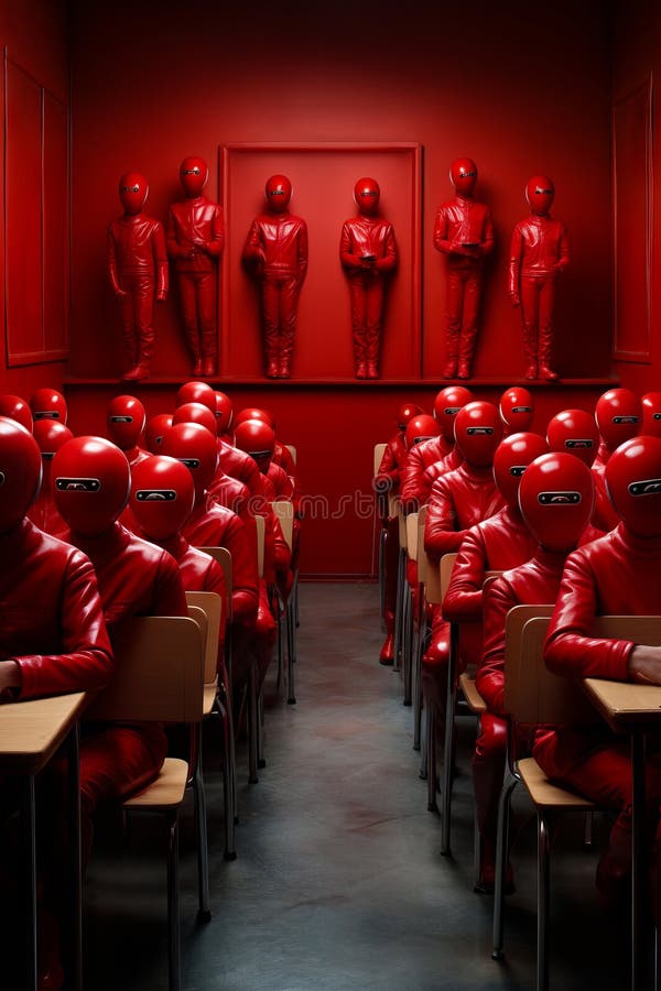 Room Filled with Red Plastic People Sitting in Chairs and Standing ...