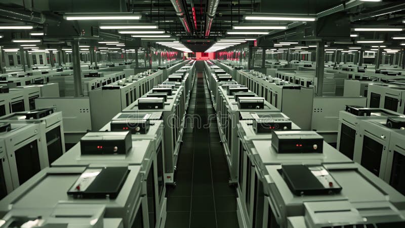 A Room Filled with Rows of Identical Machines Each One Running Tests on ...