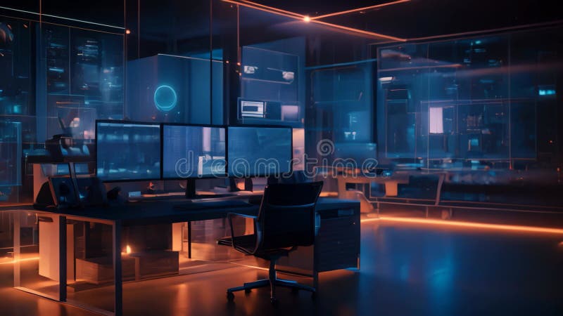 A Room Filled with Several Computer Screens and a Desk, the Interior of ...