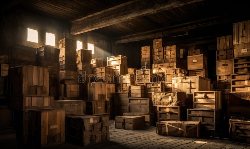 A Room Filled with Stacked Wooden Crates Stock Illustration ...