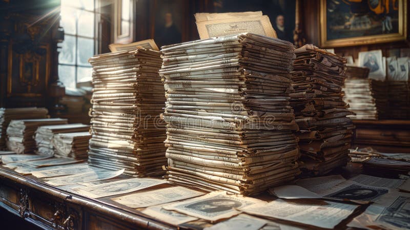 A Room Filled with Stacks of Papers Meticulously Arranged on a Table ...