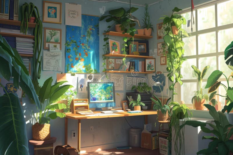 A Room Filled with Various Plants and a Computer Resting on a Desk, a ...