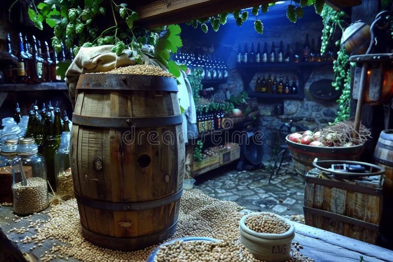 Room with Numerous Bottles and Barrels. Generative AI Stock ...