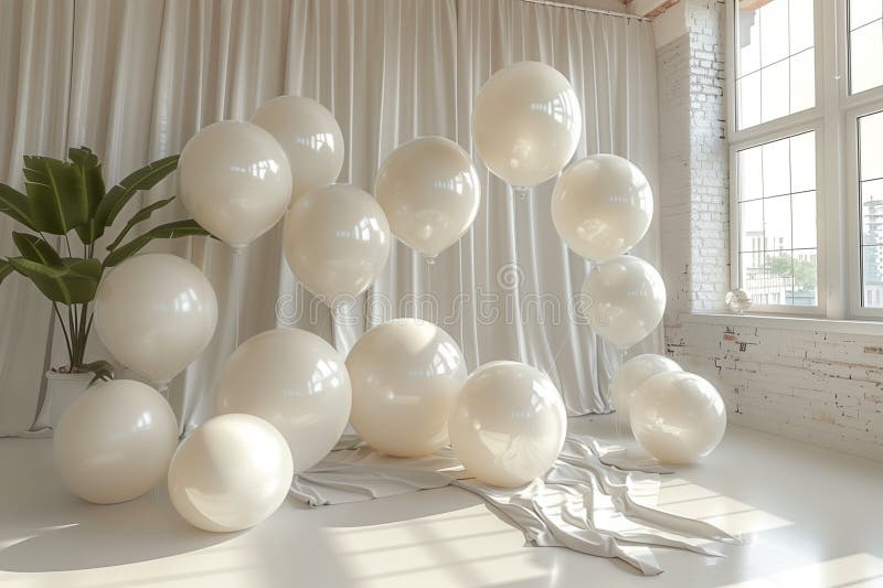 A Room Filled with White Balloons and a Potted Plant Stock Photo ...