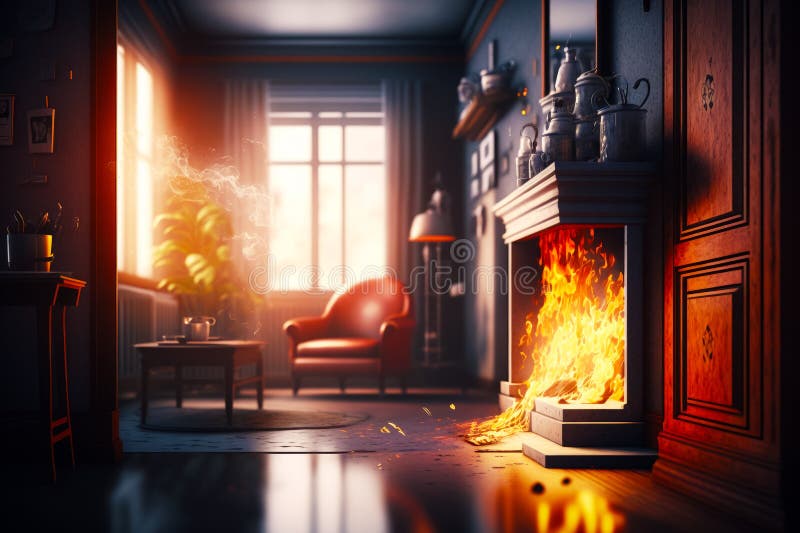 Room with Fire in the Fireplace and Chair in the Corner. Generative AI ...