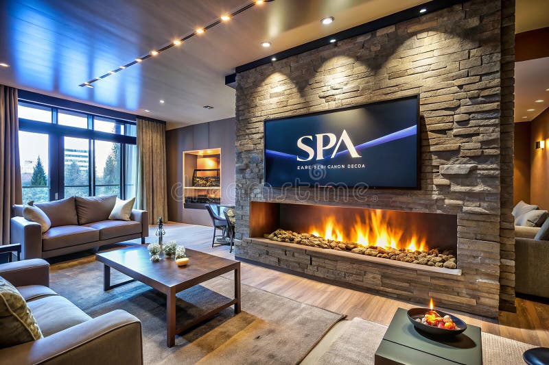 Room with Fireplace and Large Screen Displaying Spa Stock Illustration ...