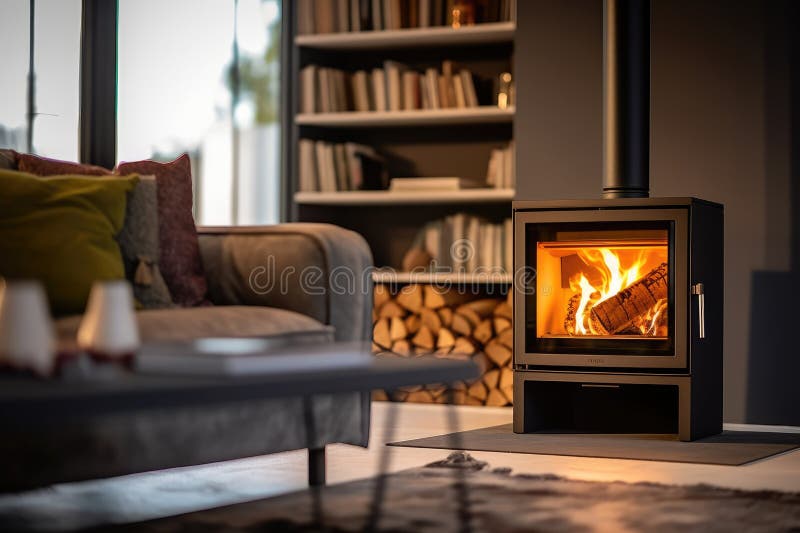 Room with Fireplace and Roaring Fire. Generative AI Stock Illustration ...