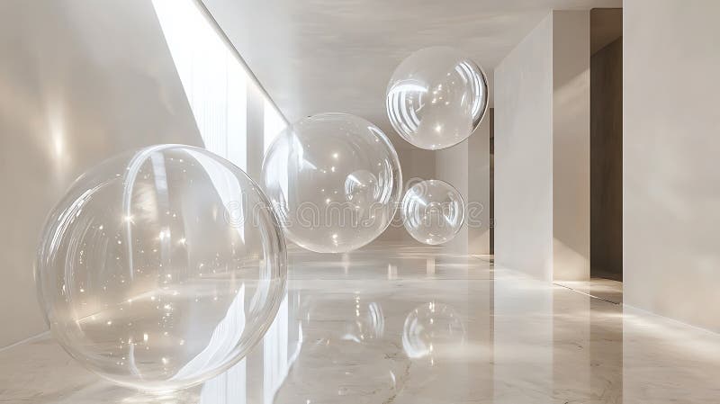 A Room with Four Large, Clear Spheres Suspended in the Air Stock ...