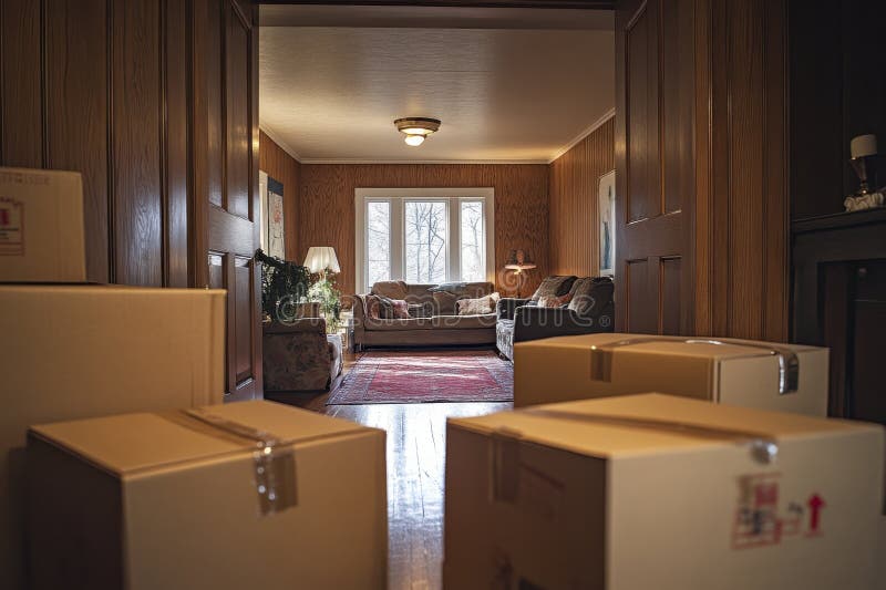 A Room Full of Boxes with a Fireplace and a Couch Stock Image - Image ...