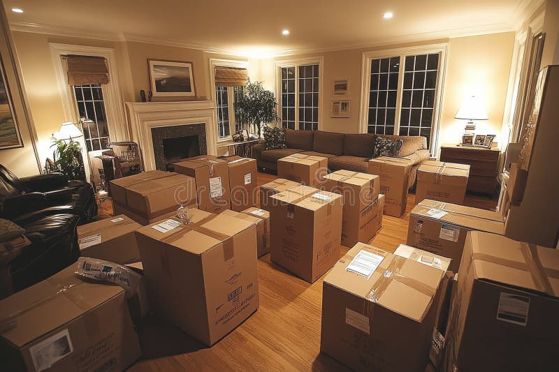 A Room Full of Boxes with a Fireplace and a Couch Stock Image - Image ...