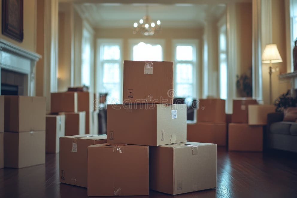 A Room Full of Boxes with a Fireplace and a Couch Stock Image - Image ...