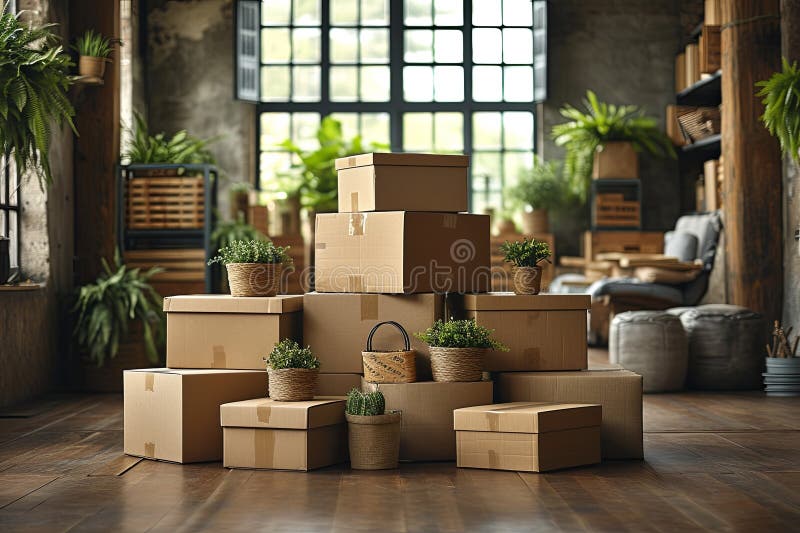 Room Full of Boxes and Plants in the Process of Moving Stock ...