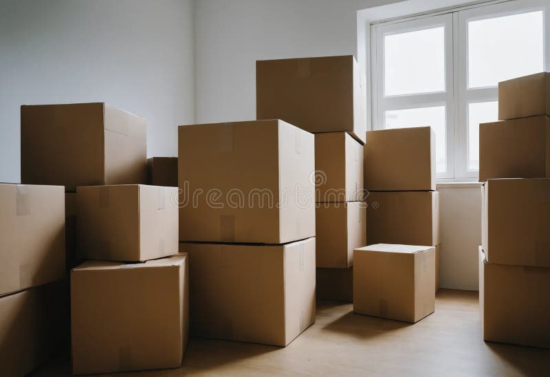 A Room Full of Cardboard Boxes Stacked on Top of Each Other Stock ...