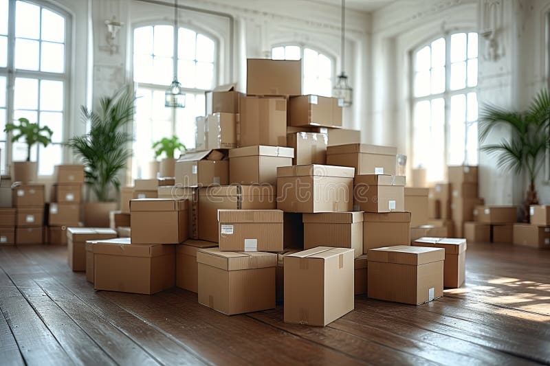 Room Full of Cardboard Boxes Stacked on Top of Each Other when Moving ...