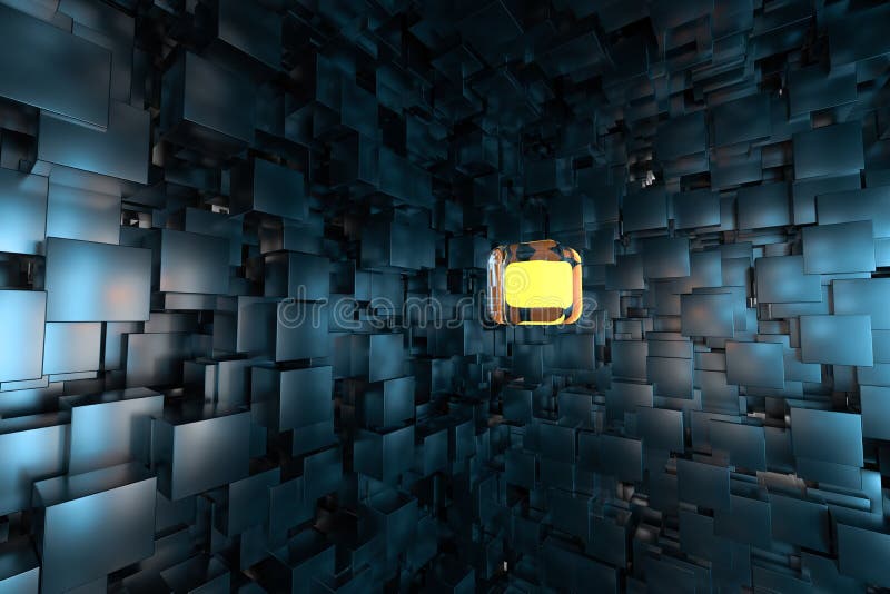 A Room Full with Dark Cubes, Illuminated by Glowing Cubes, 3d Rendering ...