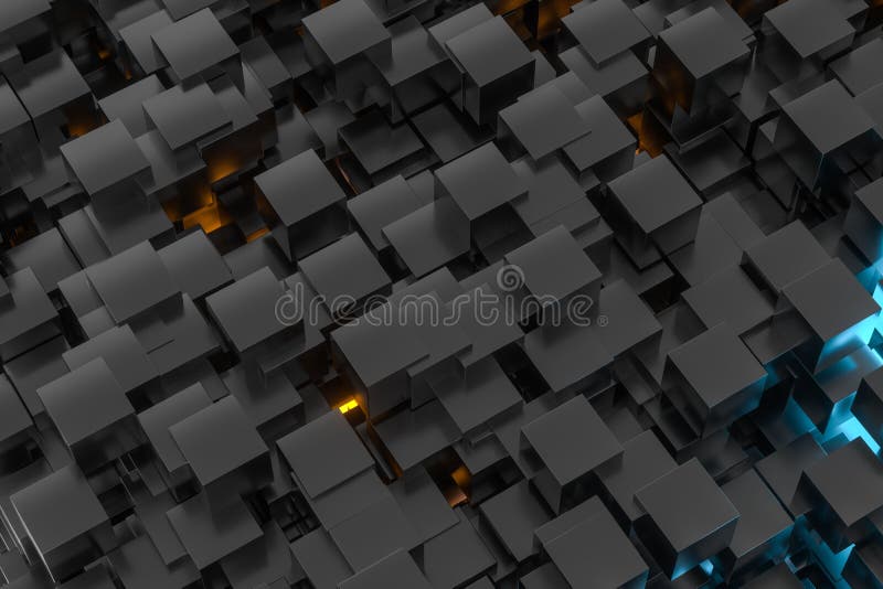 A Room Full with Dark Cubes, Illuminated by Glowing Cubes, 3d Rendering ...