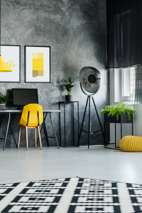 Room with Gray Wall and Posters Stock Image - Image of furniture ...