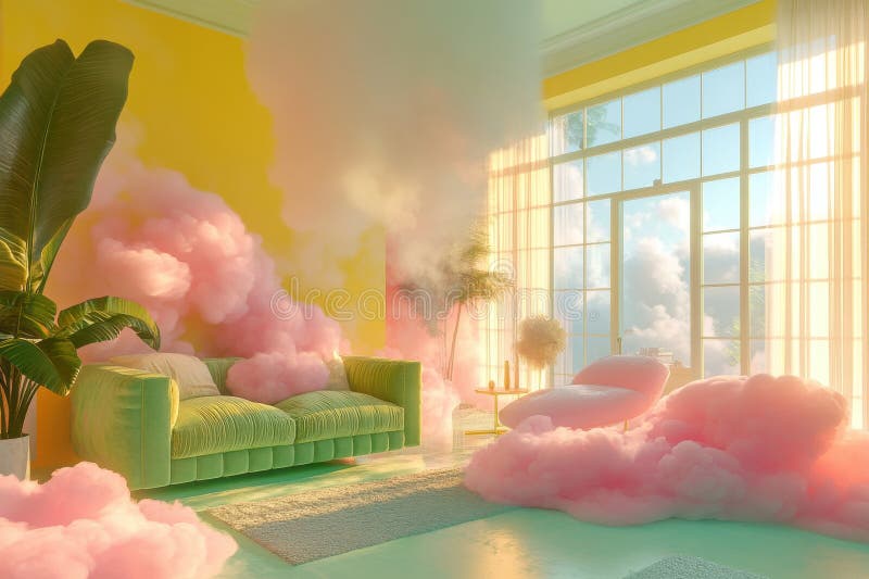 A Room with a Green Couch and a Pink Cloud Stock Image - Image of white ...