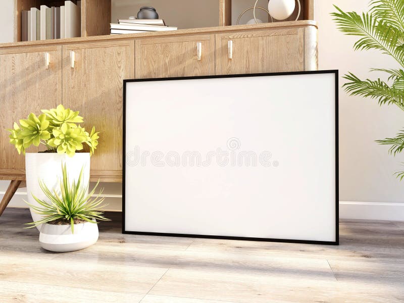 Room with a Horizontal Frame Mockup, Storage Unit Decorated with Plants ...