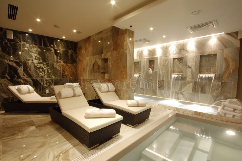 A Room with a Hot Tub and Lounge Chairs in the Middle, AI Stock Photo ...