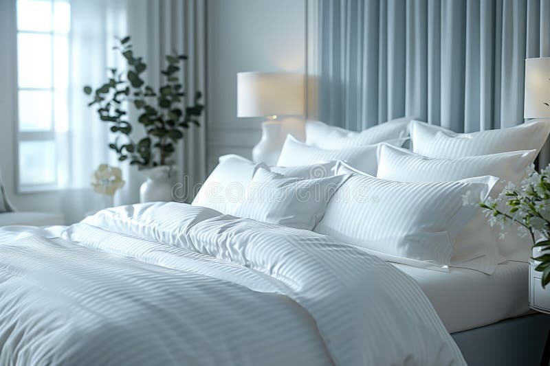 Room Interior Comfortable Bed, White Sheets and Pillows Stock Image ...