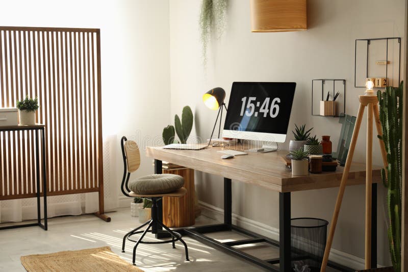 Room Interior with Comfortable Workplace. Modern Computer on Wooden ...