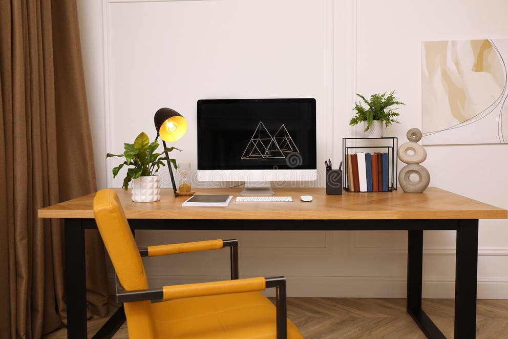 Room Interior with Workplace. Modern Computer on Wooden Desk Stock ...