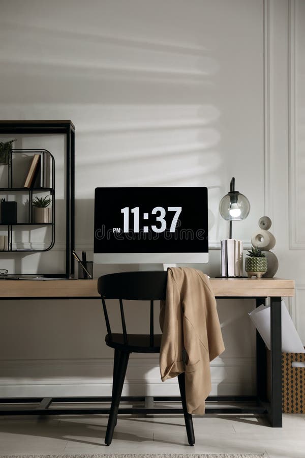 Room Interior with Workplace. Modern Computer on Wooden Desk Stock ...