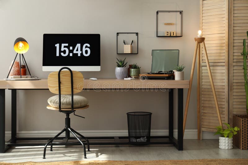 Room Interior with Comfortable Workplace. Modern Computer on Wooden ...